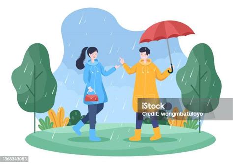 비가 내리는 폭풍우 속에서 비옷 고무 장화 우산을 들고 있는 사람들 배너 또는 포스터에 대한 평면 배경 만화 벡터 일러스트레이션