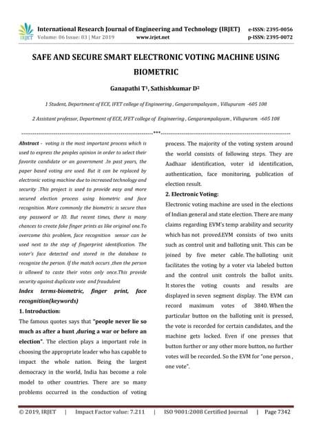 Irjet Safe And Secure Smart Electronic Voting Machine Using Biometric