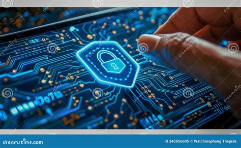 Finger Tapping Digital Lock Icon On High Tech Cybersecurity Interface