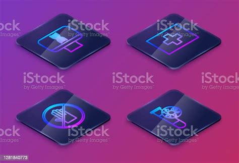 등극선 Dna 나선형 및 컴퓨터 악수 없음 응급 처치 키트 및 바이러스가 있는 테스트 튜브를 설정합니다 파란색 정사각형 버튼 벡터 0명에 대한 스톡 벡터 아트 및 기타