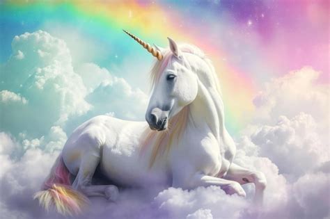 Premium Photo Full Shot Unicorn On Rainbow Sky Background Generative Ai