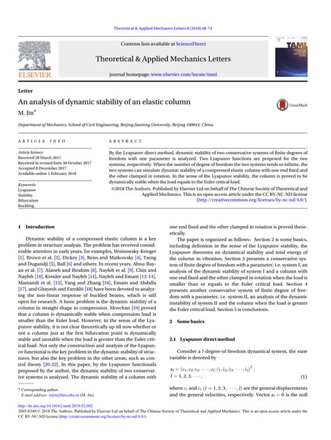 PDF An Analysis Of Dynamic Stability Of An Elastic Column