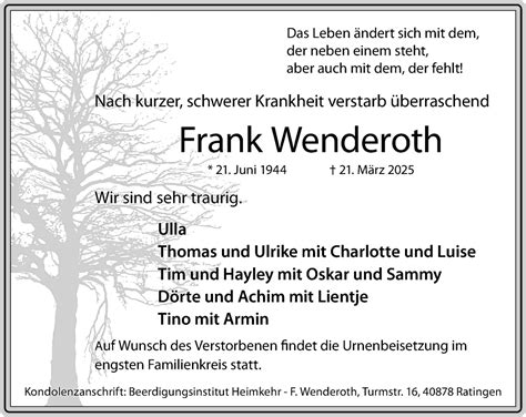 Alle Traueranzeigen Für Frank Wenderoth Trauerrp Onlinede
