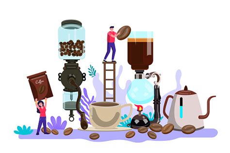 작은 남자가 커피 분쇄기로 커피 원두를 갈고 있습니다 요즘 인기있는 음료 인 커피 아라피카 라떼 에스프레소 카푸치노를 양조하는 데 도움을주고 있습니다 벡터 플랫