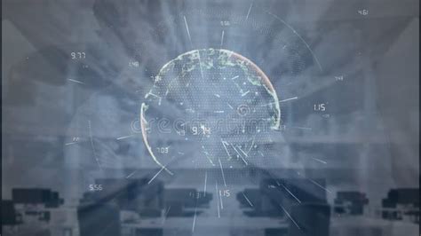 animation of globe with data processing over office stock footage