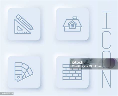 선 삼각형 눈금자와 연필 집 색상 팔레트 가이드 및 벽돌을 설정합니다 흰색 사각형 버튼입니다 벡터 건강관리와 의술에 대한 스톡 벡터 아트 및 기타 이미지 Istock