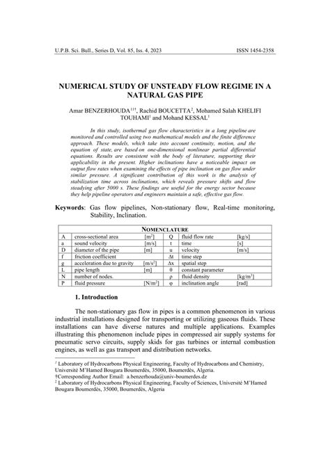 PDF NUMERICAL STUDY OF UNSTEADY FLOW REGIME IN A NATURAL GAS PIPE