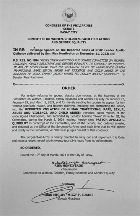 Pastor Apollo Quiboloy Arrest Order Arrest Ordered By Senate Body