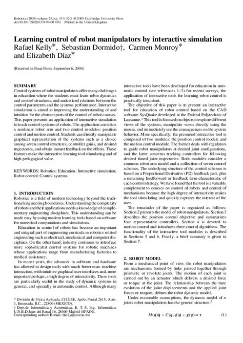 Pdf Learning Control Of Robot Manipulators By Interactive Simulation