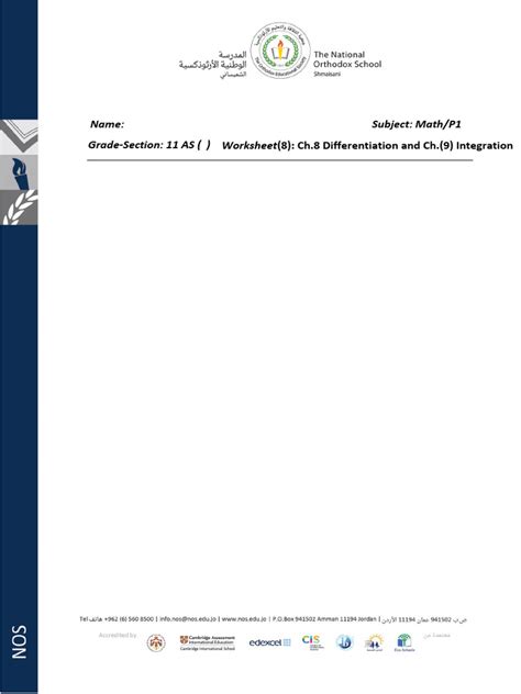 Grade 11 Math Worksheet Differentiation And Integration Pdf