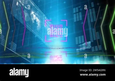 Digital Animation Of Neon Qr Code And Glowing Lines Over Multiple