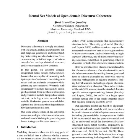 Neural Net Models Of Open Domain Discourse Coherence Acl Anthology