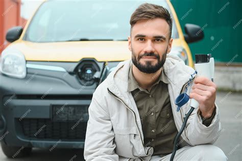 Premium Photo Man Holding Power Connector For Electric Car