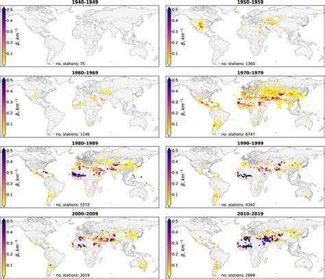 Decadal Mean Dust Extinction Coefficient β Km⁻¹ Derived From Present