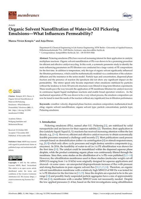 PDF Organic Solvent Nanofiltration Of Water In Oil Pickering EmulsionsWhat Influences