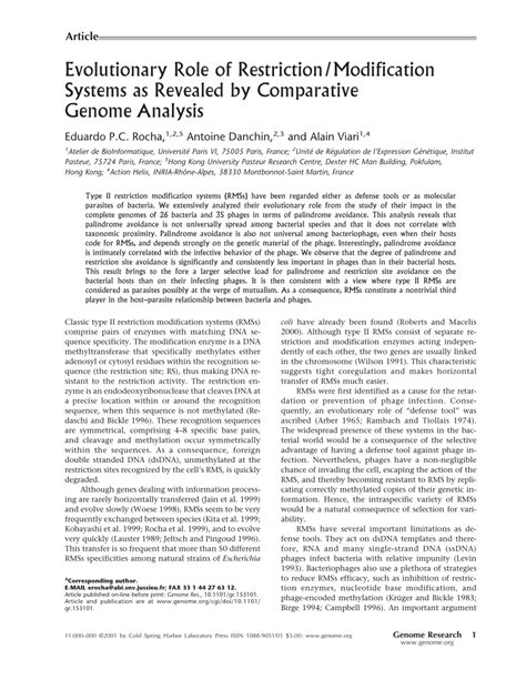 Pdf Evolutionary Role Of Restriction Modification Systems As Revealed By Comparative Genome