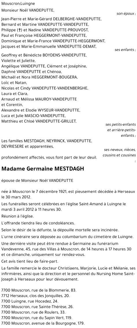 Avis De Décès De Germaine Mestdagh Décédé Le 30 03 2012 à Herseaux Annonce Condoléances