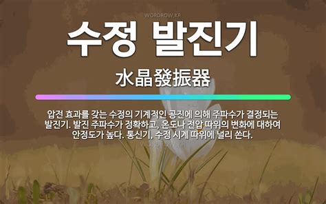 🌟수정 발진기 압전 효과를 갖는 수정의 기계적인 공진에 의해 주파수가 결정되는 발진기 발진 주파수가 정 표준국어대사전