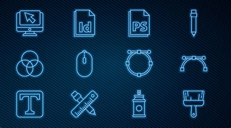 선 설정 페인트 브러시 베 지어 곡선 Ps 파일 문서 컴퓨터 마우스 Rgb 및 Cmyk 색상 혼합 모니터 커서 원 및 Id 아이콘 벡터 Cmyk에 대한 스톡 벡터 아트 및