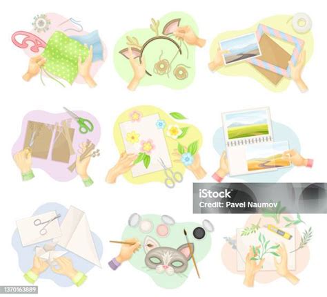 핸드메이드 공예 세트를 만드는 손의 최고 전망 창조적 인 작업 과정 취미 및 공예 사람 바느질 뜨개질 페인팅 아플리케 컨셉 벡터 일러스트 만들기 공예 제품에 대한 스톡 벡터