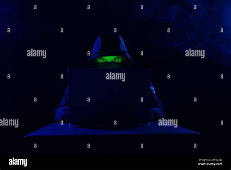Computer Hacker In Hoodie Obscured Dark Face Hacker Attack Virus Infected Software Dark Web
