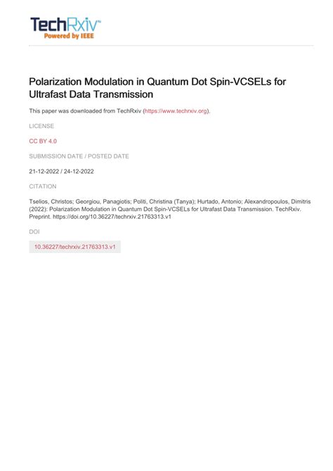 Pdf Polarization Modulation In Quantum Dot Spin Vcsels For Ultrafast Data Transmission