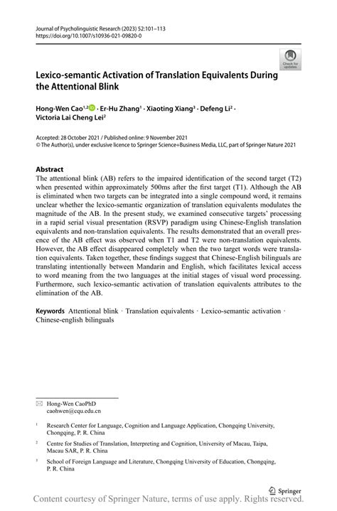 Lexico Semantic Activation Of Translation Equivalents During The Attentional Blink Request Pdf