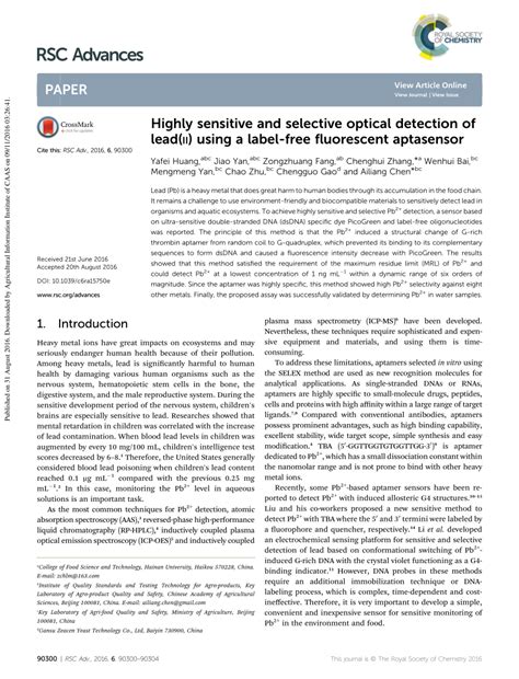Pdf Highly Sensitive And Selective Optical Detection Of Lead Ii Using A Label Free