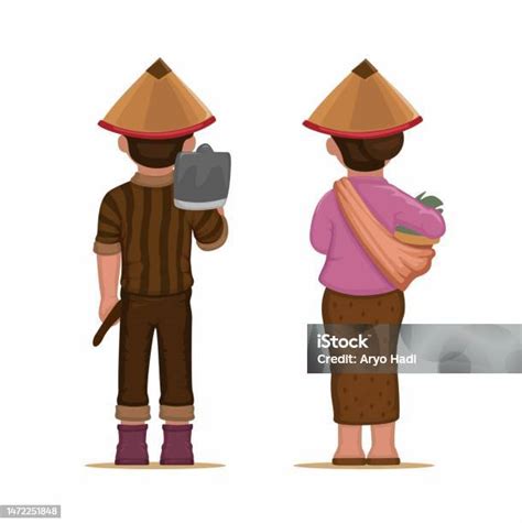 아시아 농부 노동자 커플 뒷모습 캐릭터 세트 만화 일러스트 벡터 등장인물에 대한 스톡 벡터 아트 및 기타 이미지 등장인물 남자 일함 Istock