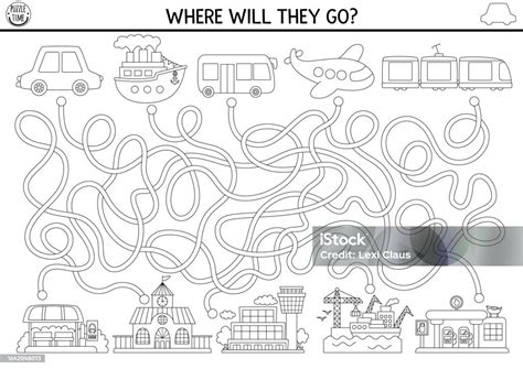 공기 물 육상 운송이 가능한 아이들을 위한 교통 흑백 미로 유치원 인쇄 가능한 활동을 라인하십시오 미로 게임 자동차 기차 기차