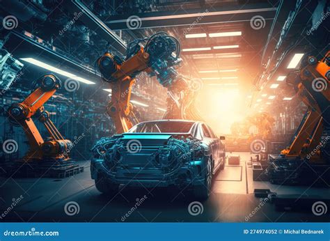 Car Factory Assembly Line With Automatic Robotic Arms Working Generative Ai Stock Illustration