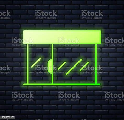 벽돌 벽 배경에 고립 된 빛나는 네온 쇼핑 건물 또는 시장 상점 아이콘 상점 건설 벡터 거리에 대한 스톡 벡터 아트 및 기타 이미지 거리 건물 외관 건물 정면