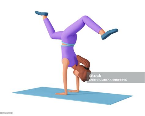 매트 3d 그림에서 요가 운동을 하는 그녀의 손에 서 있는 젊은 여자 요가의 스트레칭 운동을 하는 성인 소녀는 흰색 배경에 격리된 3d 삽화를 손에 들고 있다 3차원 형태에