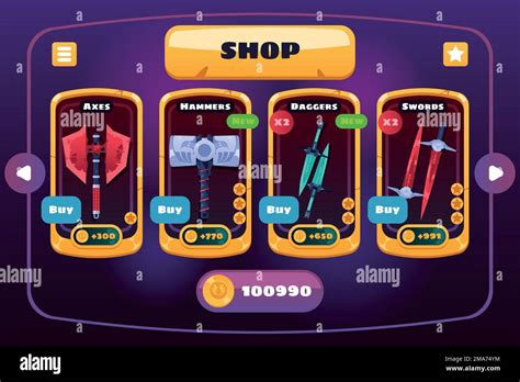 Game Weapon Shop Fantasy Rpg Store Menu Panel With Medieval Sword Axe