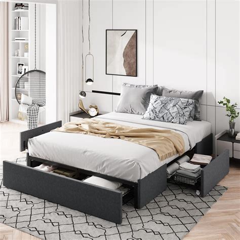Allewie Full Size Platform Bed Frame With 3 Storage Drawers Fabric