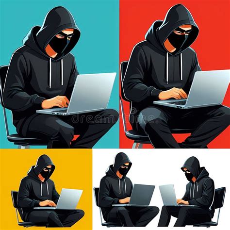 Cyber Fraud Masked Man Immersed In Laptop Online Stalking Concept Cartoon Illustration