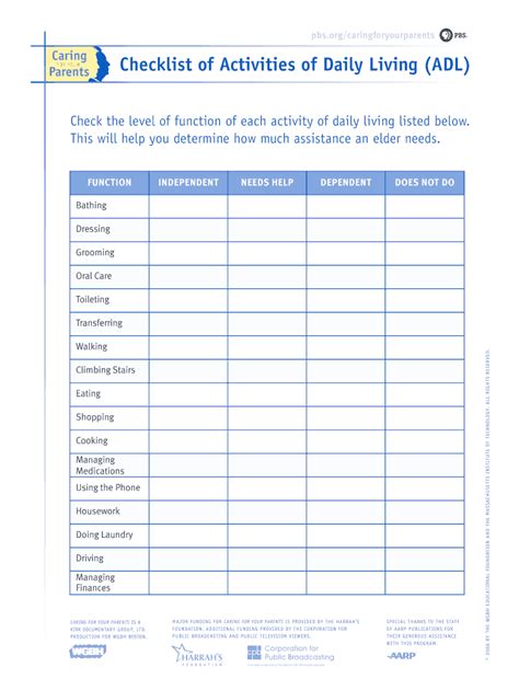 Pbs Checklist Of Adl Blank Fillable Template Fill Out Print