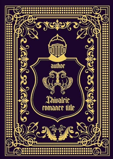 황금 장식 빈티지 프레임과 이름이 있는 오래된 기사 책 표지 프리미엄 벡터