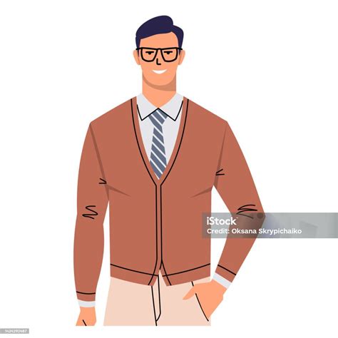 넥타이와 안경을 쓴 청년이 하얀 배경에 고립되어 있었다 사업가 관리자 교사 평면 스타일의 사무원 남성 캐릭터는 한 손을 주머니에 넣고 미소 지었다 갈색에 대한 스톡 벡터