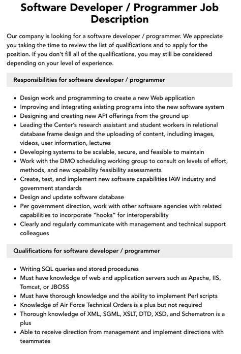 Software Developer Programmer Job Description Velvet Jobs