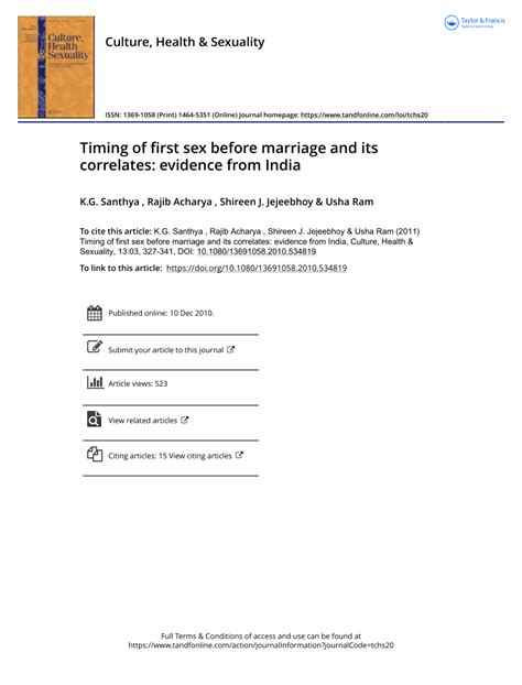 PDF Timing Of First Sex Before Marriage And Its Correlates Evidence From India