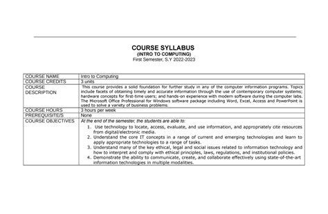 intro to computing syllabus word course syllabus intro to computing
