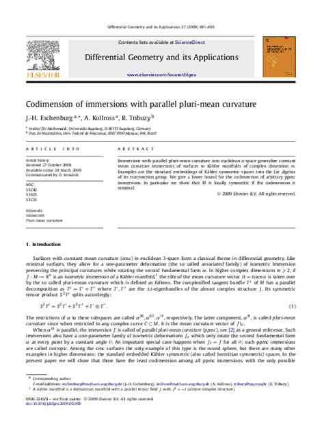 Pdf Codimension Of Immersions With Parallel Pluri Mean Curvature Andreas Kollross