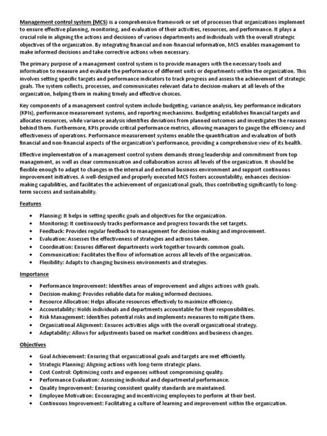 management control system mcs is a comprehensive framework or set of