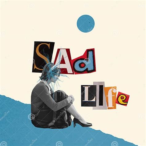 Young Sad Woman Sitting And Feeling Sadness Contemporary Art Collage Conceptual Image Concept