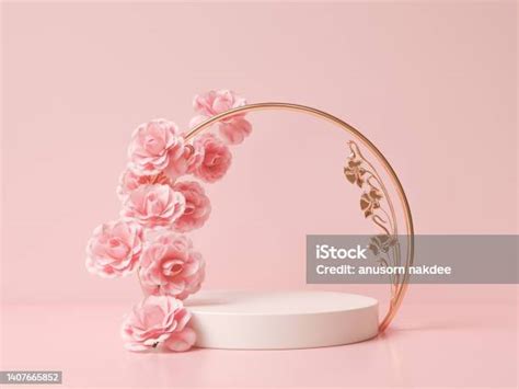화장품 및 패키지 프리젠 테이션을위한 추상적 인 배경 장면 Podium Display의 분홍색 꽃 3d 렌더링 파스텔에 대한