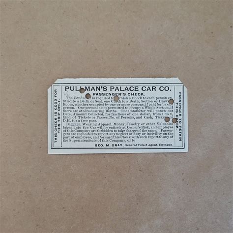Antique 1800s Pullman Passenger Car Co Passenger Check Ticket 4613166657