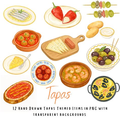12 Watercolour Tapas Clipart Hand Drawn Spanish Food Pngs With