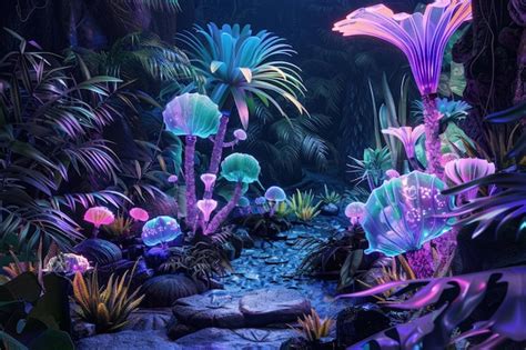 An Alien Botanical Garden With Holographic Plants That Shift Shapes And Colors Interactively