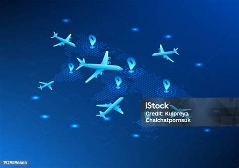 내비게이션에 기술을 사용하는 운송 및 물류 비즈니스 기술 배경 지도에 고정된 Gps 아이콘이 있는 픽셀화된 세계 지도입니다 목적지로 날아가는 비행기 등각 투영 이미지 3차원